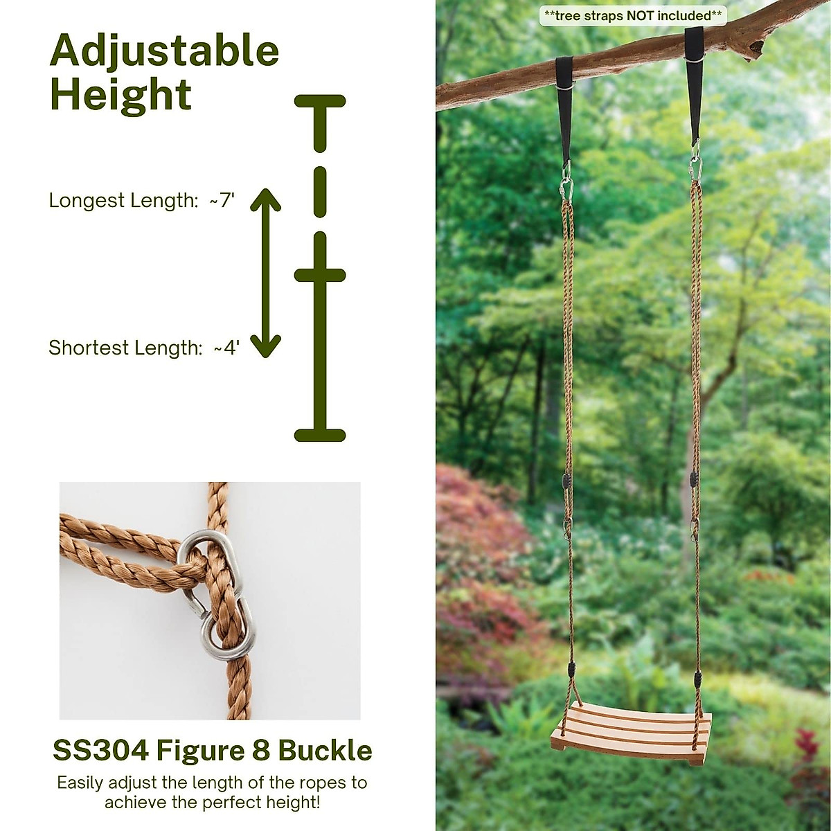 Wooden Tree Swing for Kids - ASTM F1148-21 Certified - Double Coated 16.5”x7.8” Wood Swing Seat for Outside - Weatherproof Adjustable Polyester Ropes - Outdoor or Indoor Kids Tree Swing Set - Backyard