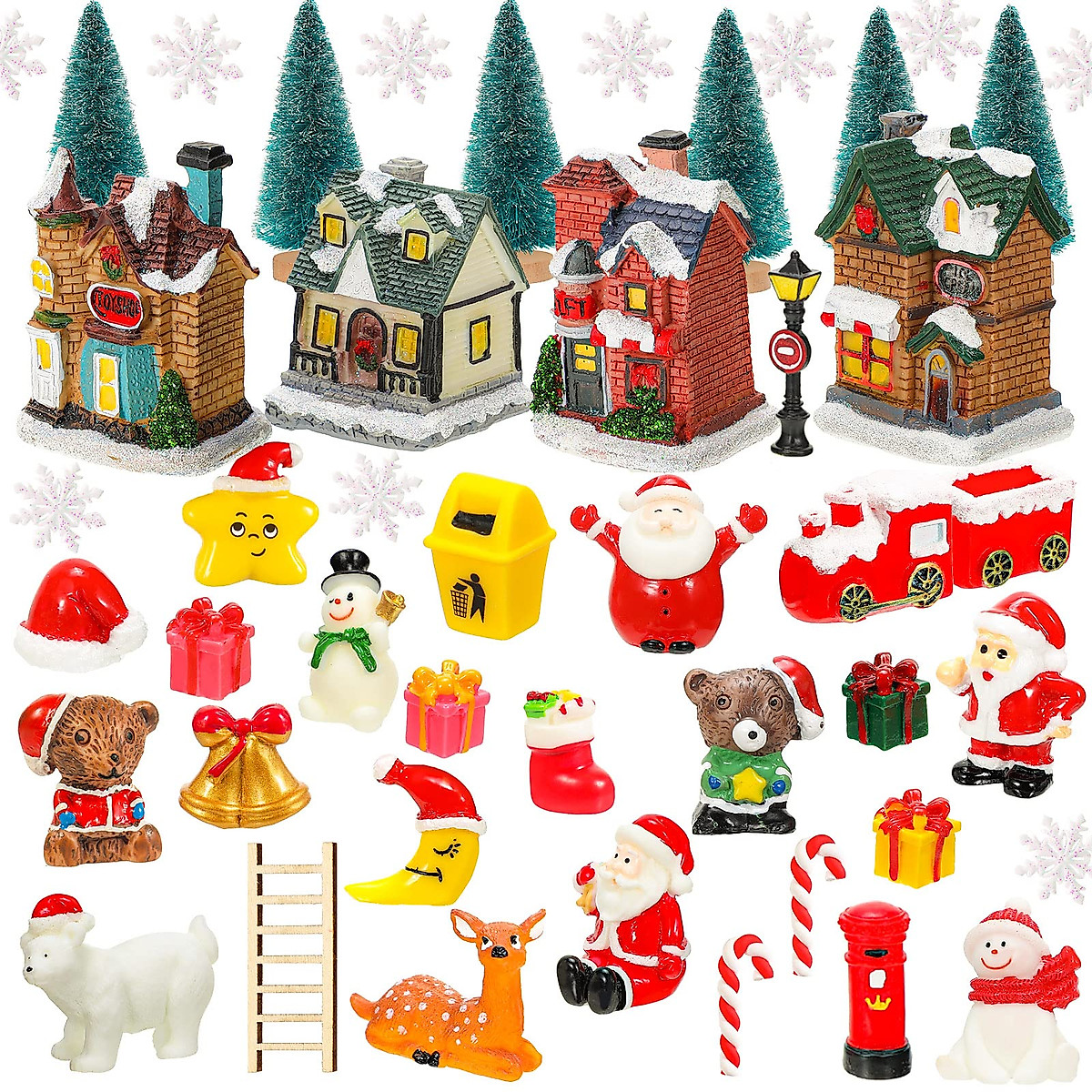 44 Pieces Christmas Light up Village Houses LED Lights Christmas Village Scene Display Tiny Resin Fairy Figurines Accessories Miniature Ornaments for Collection Table Decor