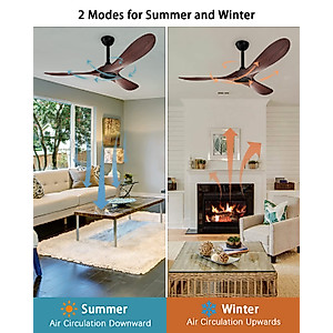 KASASS Outdoor Ceiling Fan, 52 Inch Remote Control Ceiling Fan, Indoor Ceiling Fan，Modern Classic Ceiling Fan for Kitchen, Bedroom, Living Room, Farmhouse, Patio (Walnut Color)