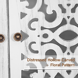 MFSTUDIO Accent Wood Storage Cabinet, Large Farmhouse Hollow-Carved Buffet Sideboard with 3 Doors Decorative Storage Cabinets for Living Room Kitchen Entryway Hallway, White