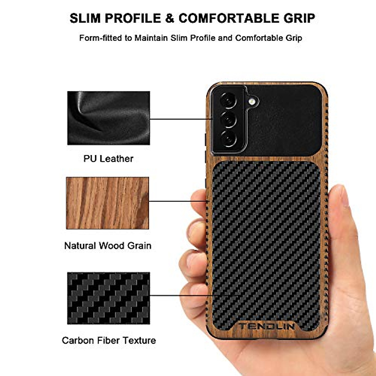 TENDLIN Compatible with Samsung Galaxy S21 Case Wood Grain with Carbon Fiber Texture Design Leather Hybrid Case Black