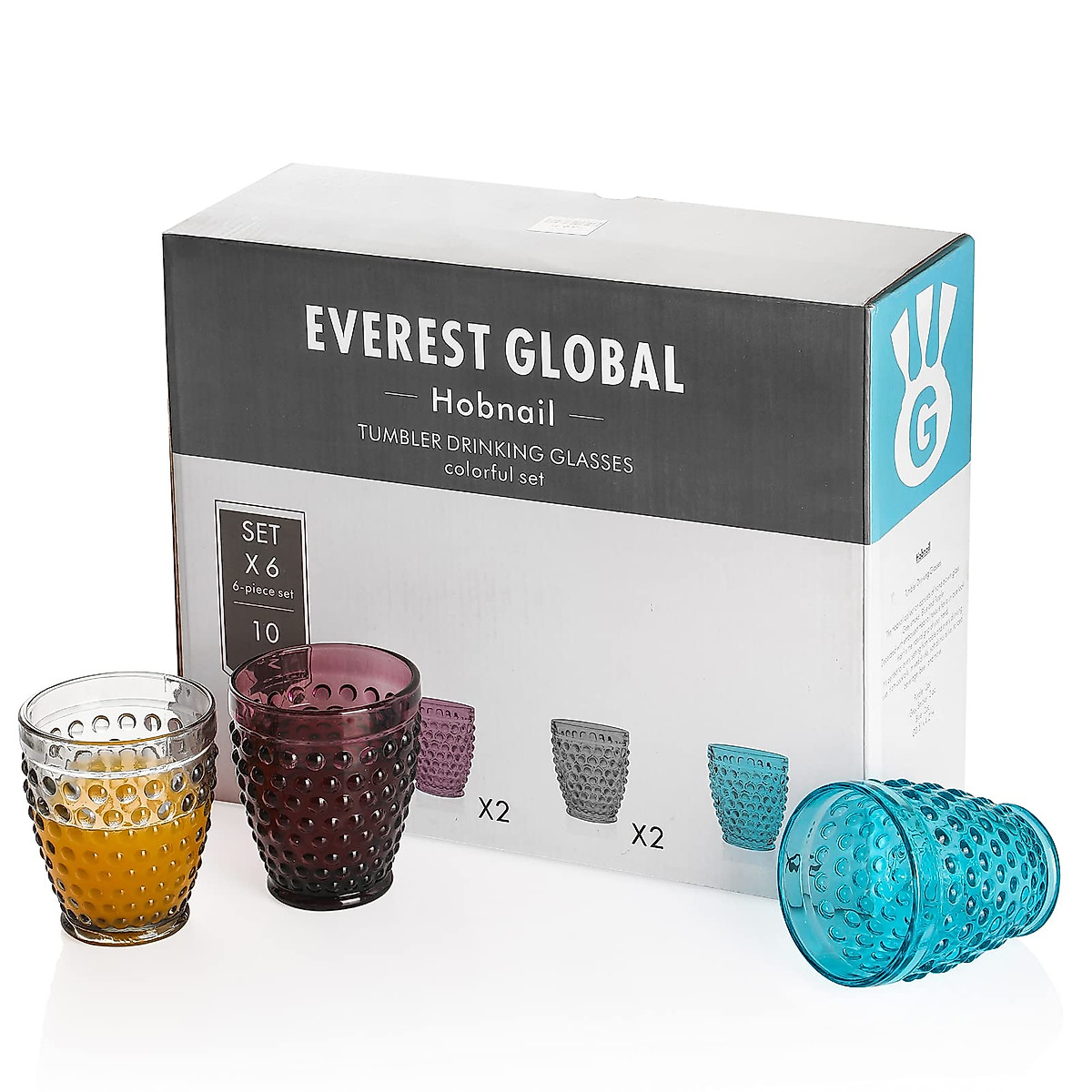 EVEREST GLOBAL Hobnail Old Fashion Iced Beverage Tumblers 10 oz. set of 6 Drinking Glasses for Water Wine Soda Whiskey Juice Milk Beer Iced-tea for Dinner Parties Bars Restaurants
