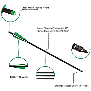 TOPARCHERY 12pcs Crossbow Arrows Crossbow Bolts 20 inch Hunting Archery Crossbow Carbon Arrows with 4 inch Vanes and Replaced Arrowhead/Tip (A Green white 20'')