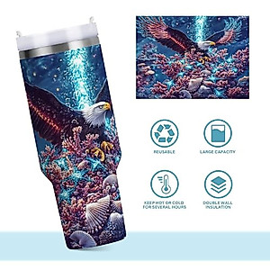 Slewiaeky Tumbler with Handle 40 oz Hawk Animal Kawaii America Travel Mug with Lid and Straw Stainless Steel Vacuum Insulated Water Bottle Cup for Iced Tea Coffee Cold Beverages Cup Holder Friendly
