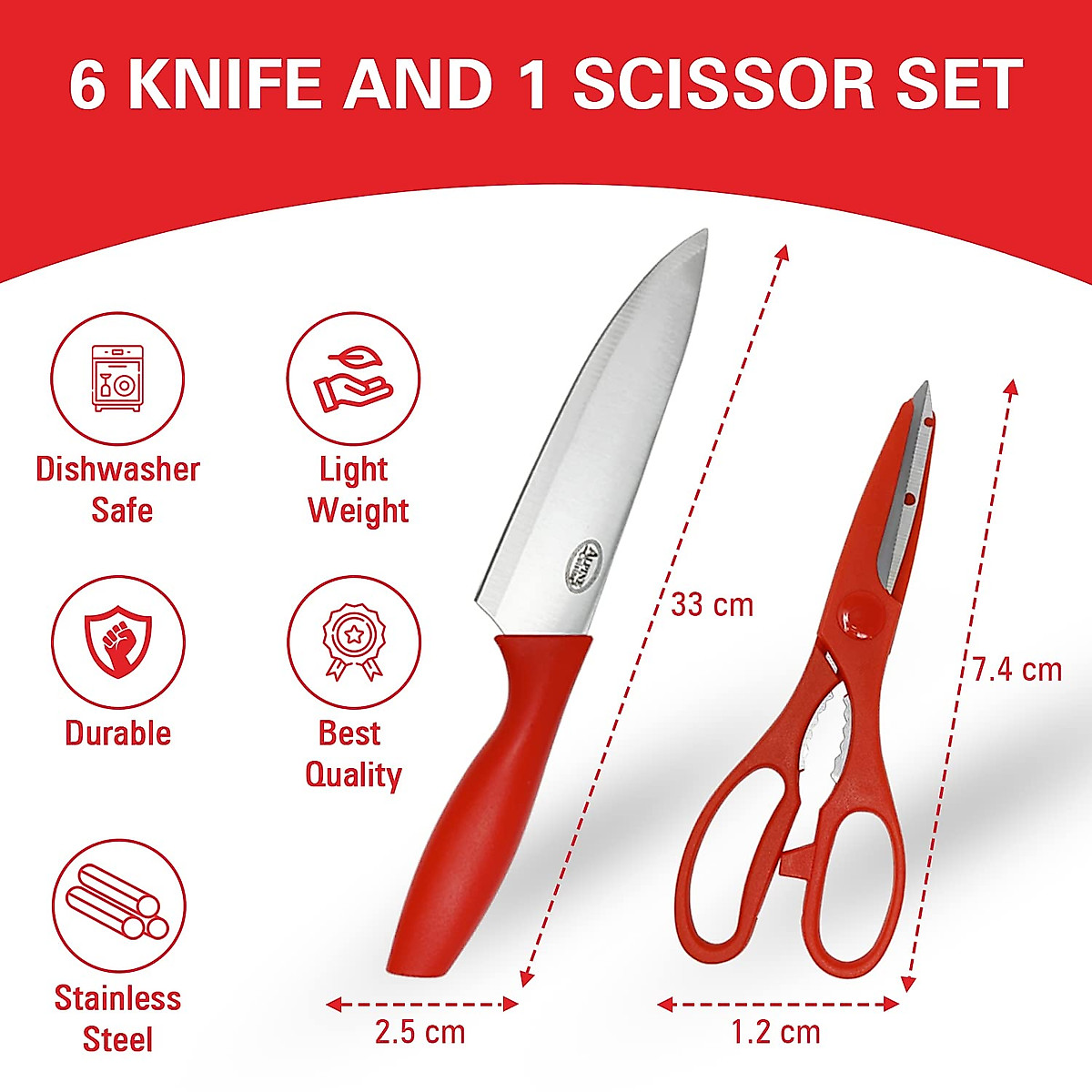 Alpine Cuisine Cutlery Stainless Steel Knife Set 7pc with Color Handle & Sheath, Ultra Sharp Kitchen Knife Set, Ergonomic Multi-Color Plastic Handle, Superb Edge Retention, Knife Set for Kitchen