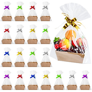 Fainne 74 Pcs Basket for Gifts Empty, Gift Basket Bulk Include 20 Gift Basket Empty with Handles 30 Plastic Bags and 24 Multicolor Bows for Party Favors Christmas Thanksgiving Wedding Birthday(Brown)