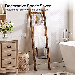 HOOBRO Blanket Ladder for Living Room, 5.2FT(63''), 5-Tier Wall Leaning Towel Rack with Hooks, Decorative Farmhouse Blanket Rack Shelf, Bedroom, Rustic Brown and Black BF160CJ01G1