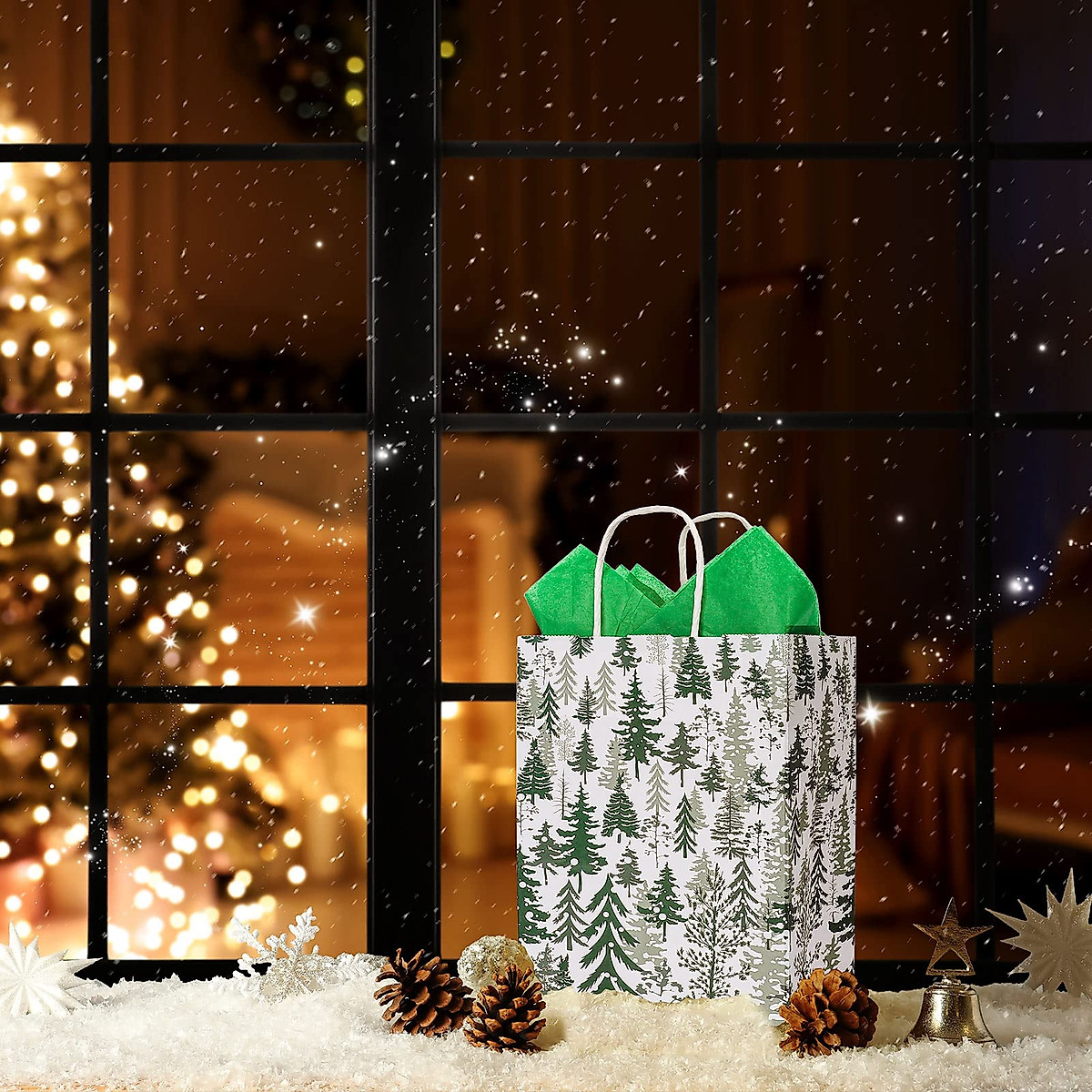 Whaline 12 Pack Christmas Paper Gift Bags with Handle Winter Medium Size Watercolor Xmas Tree Candy Goodie Bags with Green Tissue Paper for Xmas Holiday Party Supplies