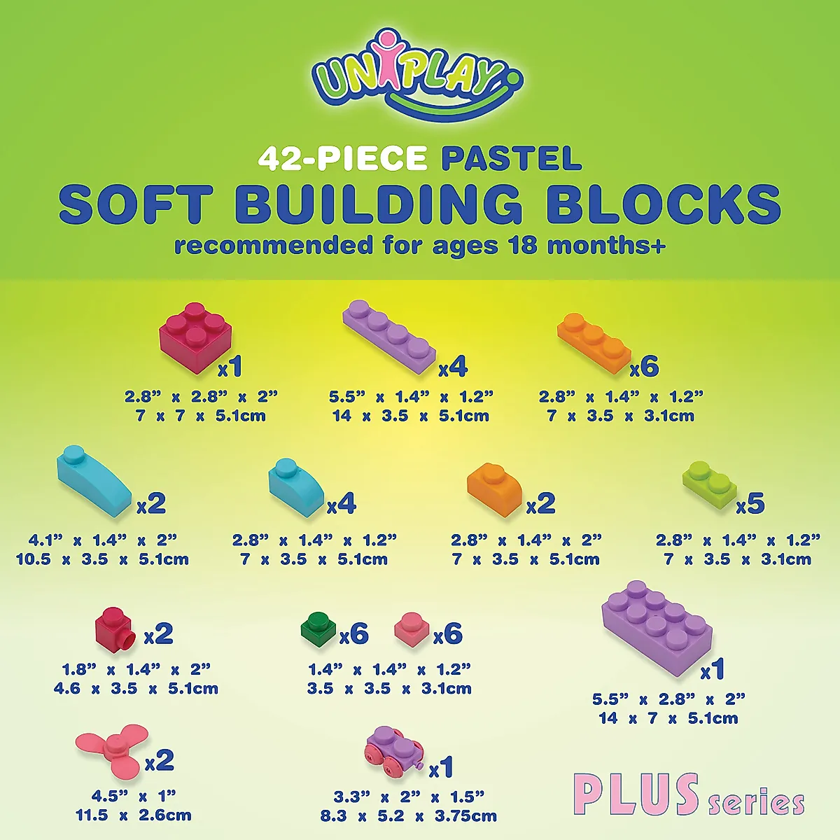 UNiPLAY Plus Soft Building Blocks — Creativity Toy, Educational Play, Cognitive Development, Early Learning Stacking Blocks for Infants and Toddlers, Pink (42-Piece Set)