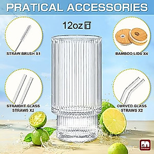 GMISUN Glass Cups with Lids and Straws, Iced Coffee Cups with Lids, Ribbed Glassware, Drinking Glasses with Bamboo Lids, Cocktail Glasses Vintage Glassware 12oz for Cocktail, Gift