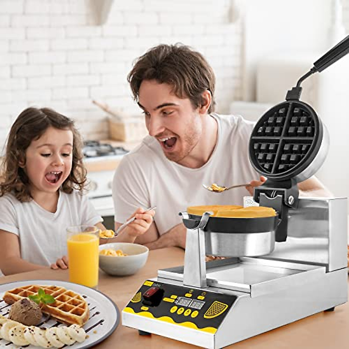 Dyna-Living Belgian Waffle Maker Commercial Intelligent Round Waffle Maker Rotating 180° Nonstick Flip Waffle Iron Machine Professional Commercial Waffle Maker for Restaurant 110V 1250W