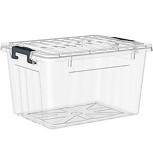 Cetomo 18Qt*4 Plastic Storage Bins, Storage Box, 4 Pack, Organizing Container with Durable Lids and Secure Latching Buckles, Stackable and Nestable, Clear with Black Buckle