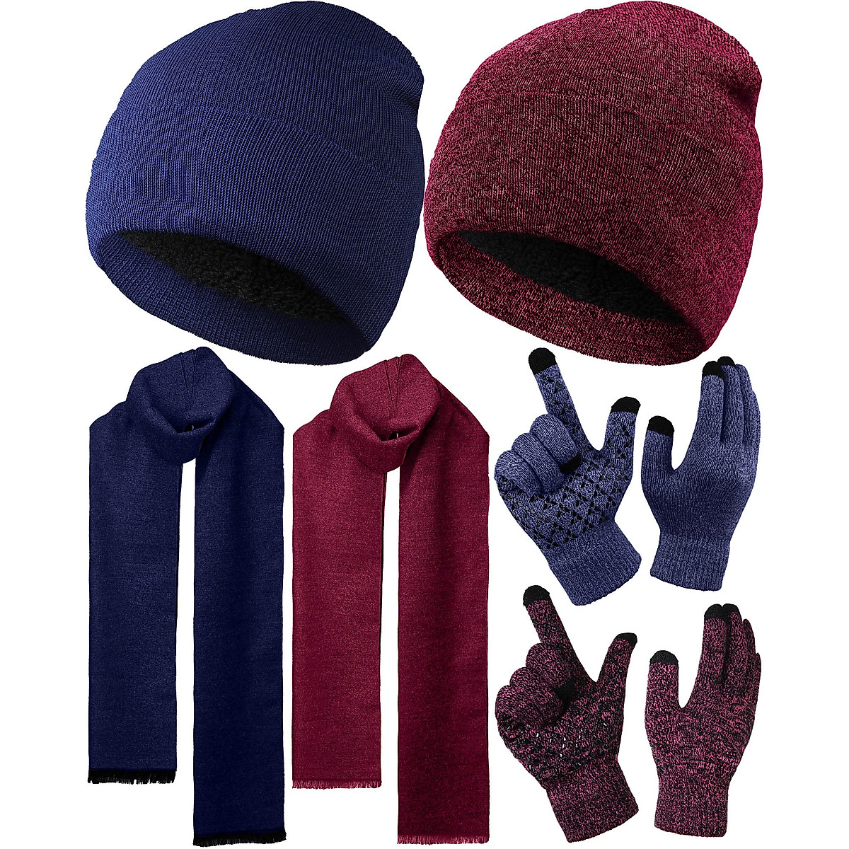 SATINIOR 6 Pieces Winter Warm Knit Beanie Hat Touchscreen Gloves Scarf Set Fleece Lining Skull Caps Neck Scarves, Navy Blue, Wine Red, One Size