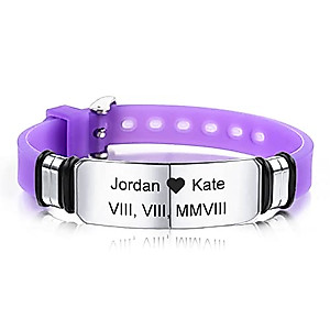 MeMeDIY 13mm Wide Bracelet Silicone Adjustable Sport Name Wrist ID Tag Identification Personalized Bracelet for Men Women Stainless Steel Rubber - Customized Engraving (Purple Color)