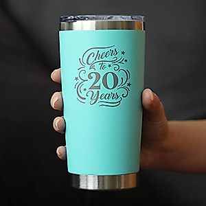 Cheers to 20 Years - Insulated Coffee Tumbler Cup with Sliding Lid - Stainless Steel Insulated Mug - 20th Anniversary Gifts and Party Decor - Teal