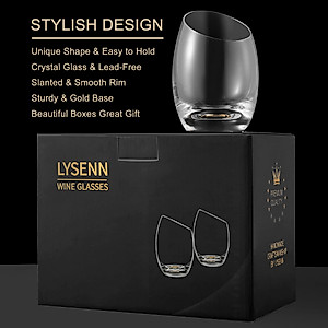Lysenn Stemless Wine Glasses Set of 2 - Designer Hand Blown Crystal Whiskey Glasses - Unique Gold Base and Tilted Rim Brandy Snifter for Red Wine, Cocktails, Bourbon and Champagne – 10 oz.