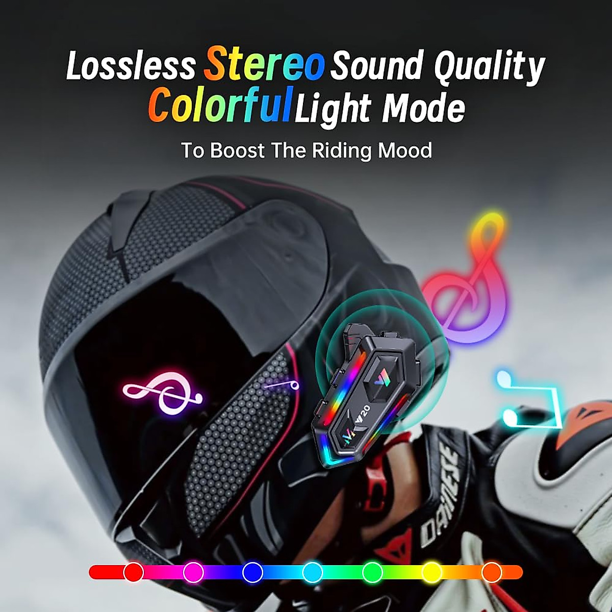 WNJACO Motorcycle Helmet Bluetooth Headset, Cool RGB Dazzling Lights Motorbike Helmet Speaker Double Noise Cancellation Intercom Communication Systems with IPX6 Waterproof/Strong Bass for Dirt Bike