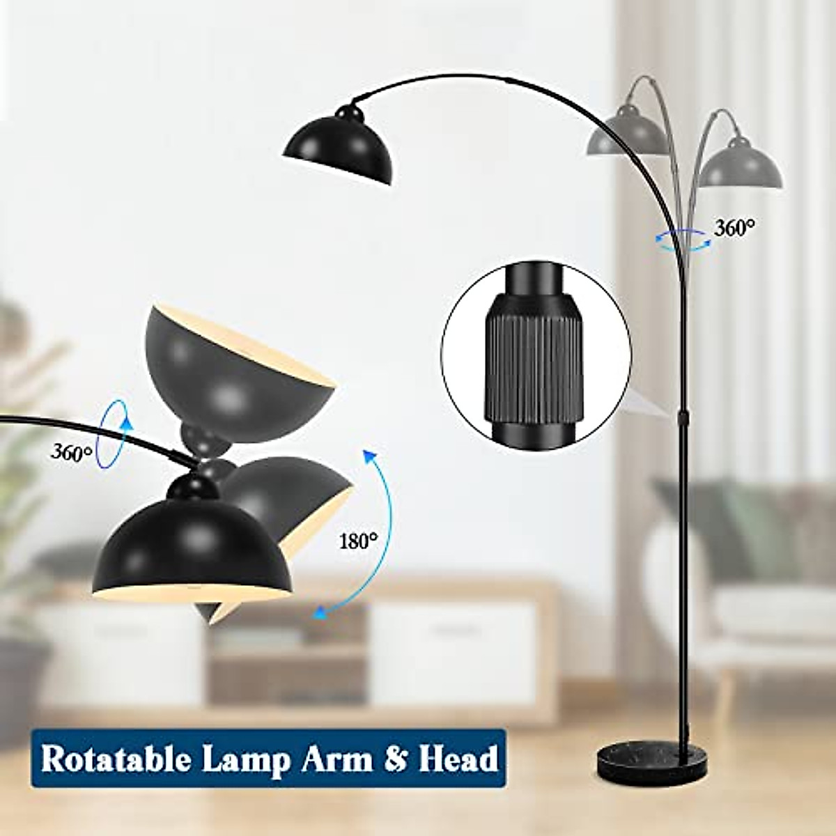 Modern 73" Arc Floor Lamp with Metal Hanging Dome Shade, Industrial Adjustable Over the Couch Stand Up Light, Marble Base Farmhouse Tall Task/Reading Standing Lamp for Living Room Bedroom Office Black