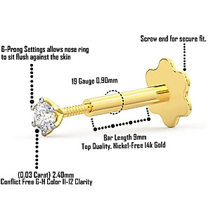 EternalDia 2.4mm Diamond Nose Stud/Lip Labret/Screw Ring Piercing Pin Bone 14Kt Gold 19 Gauge Diamond Nose Stud(GH/I1 I2) Straight nose rings