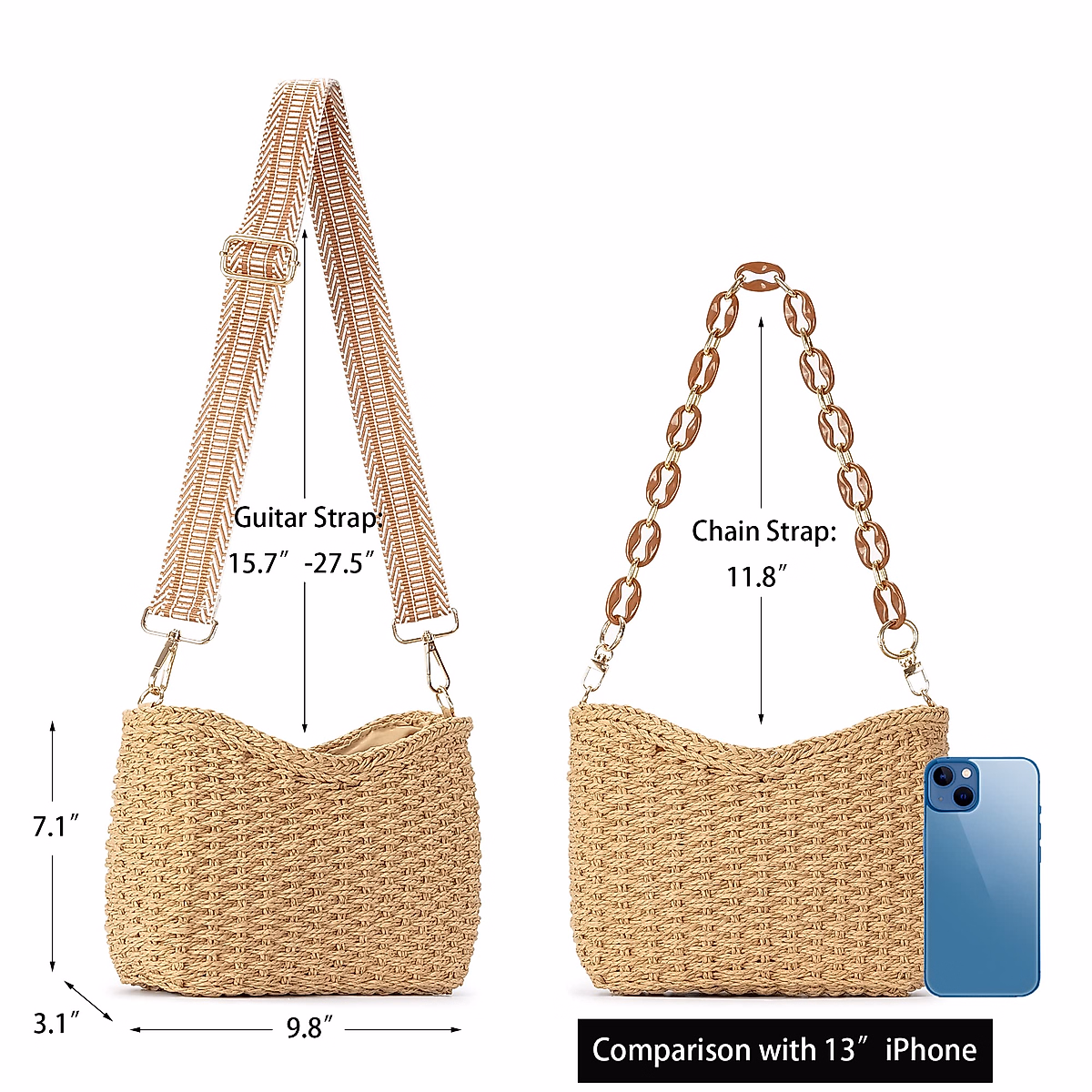 Herald Small Handmade Straw Crossbody Bag for Women, Summer Chic Woven Handbag Shoulder Purse with Chain & Guitar Strap (Coffee)