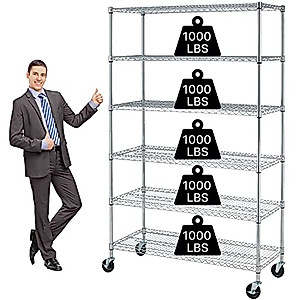NiamVelo 6000Lbs Capacity Heavy Duty Shelving, 6 Tier Wire Shelving Unit on Wheels, NSF Certified Adjustable Storage Shelves Rack for Garage Pantry Basement (18"x 48"x 76", Black) (Chrome)