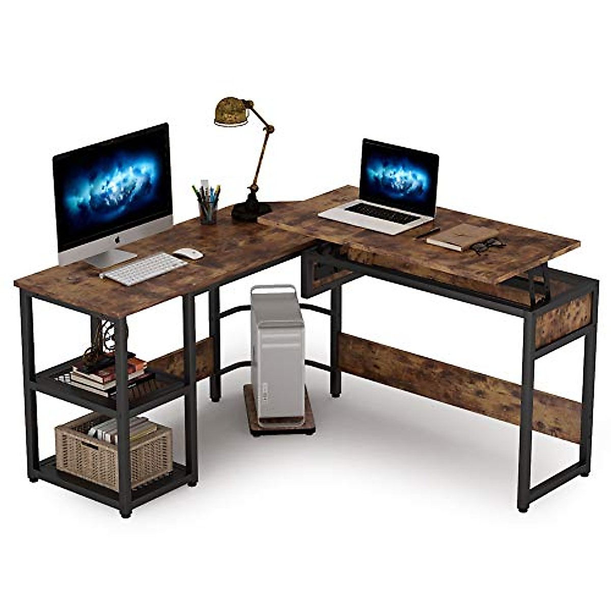 Tribesigns L Shaped Desk with Lift Top, Modern Sit to Stand Corner Computer Desk with Storage Shelves, Rustic Height Adjustable Standing Desk Workstation for Home Office (Rustic Brown)