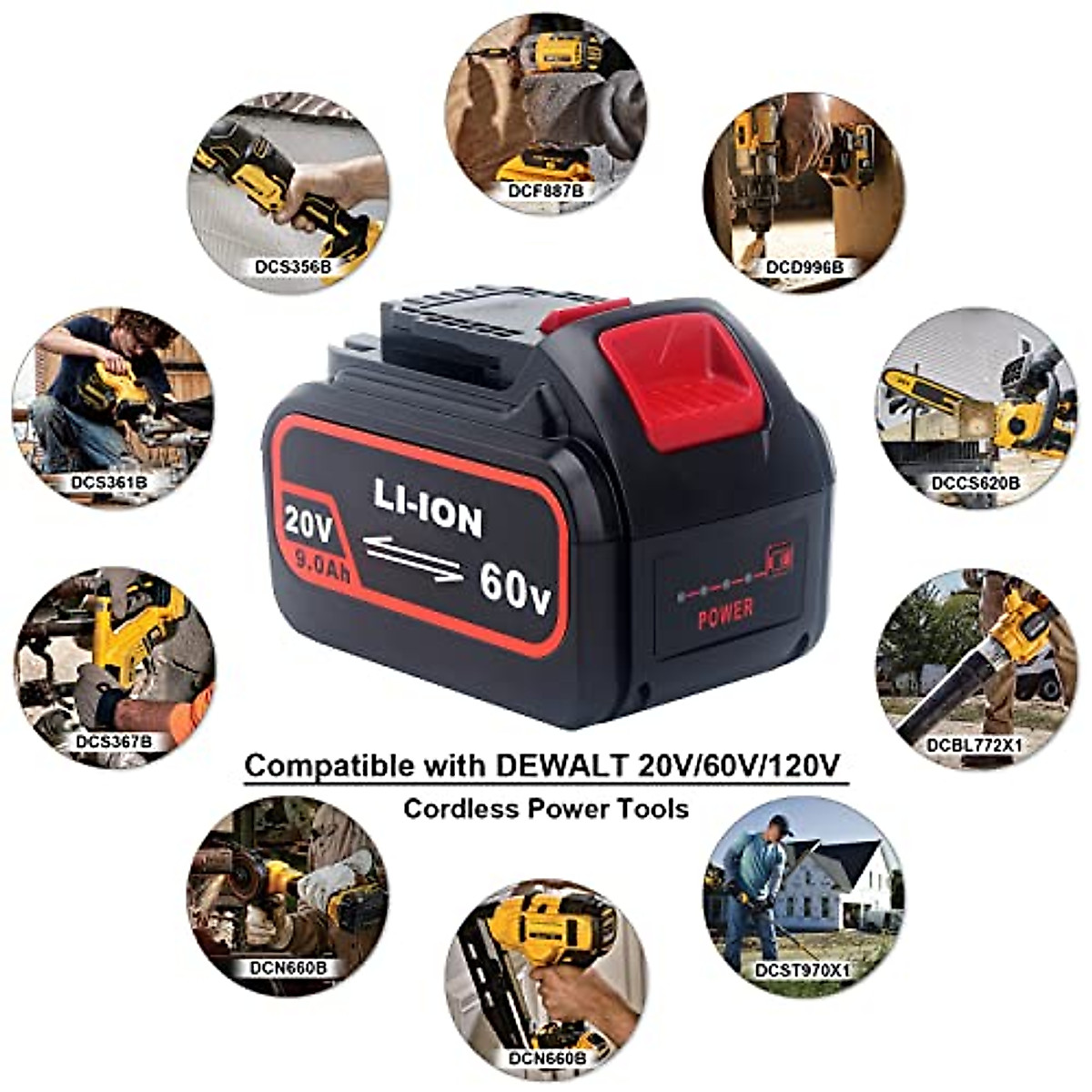 Biswaye 9.0Ah Battery DCB609 Replacement for DEWALT 20V/60V 120V MAX XR Lithium-Ion Battery DCB606 DCB609 DCB612 DCB203 DCB204 DCB207 DCB206 DCB201