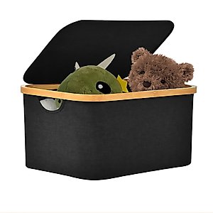 Fabric Storage Basket for Shelves, Black Storage Basket with Bamboo Handles, Collapsible Storage Bins, Rectangle Closet Baskets, Wardrobe Organiser, for Sorting Clothes, Family Items (with lid)