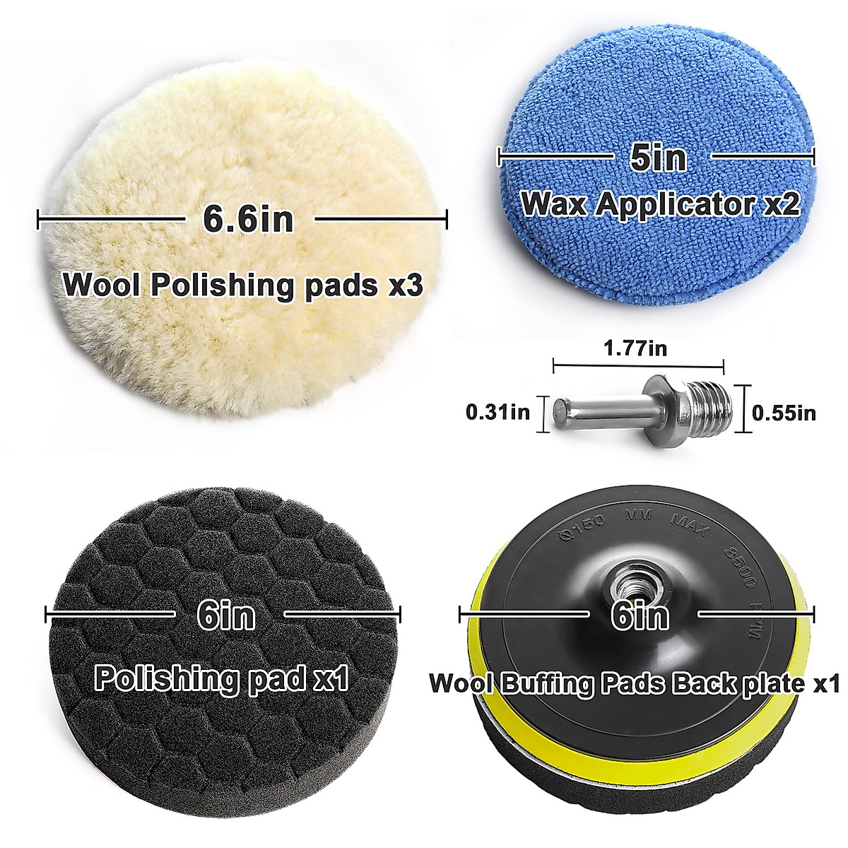 BOKA 6 Inch Buffing Pads, 8 PCS Polishing Pad Attachment for Drill, Wool Car Buffer Wheel for Drill with M14 Drill Adapter, 3 × Buffing Pad 6", 1 × Sponge Polishing Pad, 2 × Wax Applicator