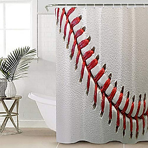 4 Pieces Bathroom Shower Curtain with Mats Set Sports Baseball Texture Closeup Background,Non-slip Bath Rugs Toilet Lid Cover U-shaped Carpet,Red and White Lines Laces Doormats Waterproof Curtains