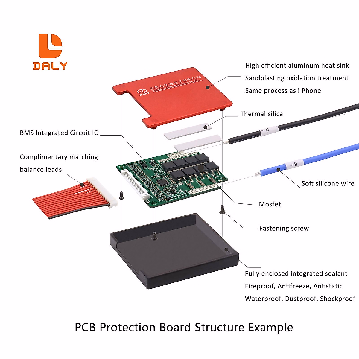 DALY BMS 14S 48V 60A Li-ion 3.7V Battery Protection Module PCB Protection Board with Balance Leads Wires BMS for 18650 Battery Pack 48V