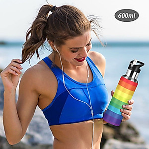 Kigai Rainbow Striped Insulated Water Bottle 22oz Stainless Steel Vacuum Cup with Straw Lid Leakproof Thermal Bottles for Sport Keep Cold/Warm