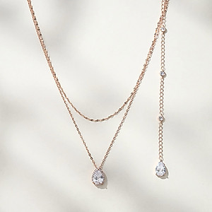 SWEETV Teardrop Wedding Back Necklace for Bride Bridesmaids, Rose Gold Cubic Zirconia Simple Back Pendant Bridal Necklace for Wedding Party