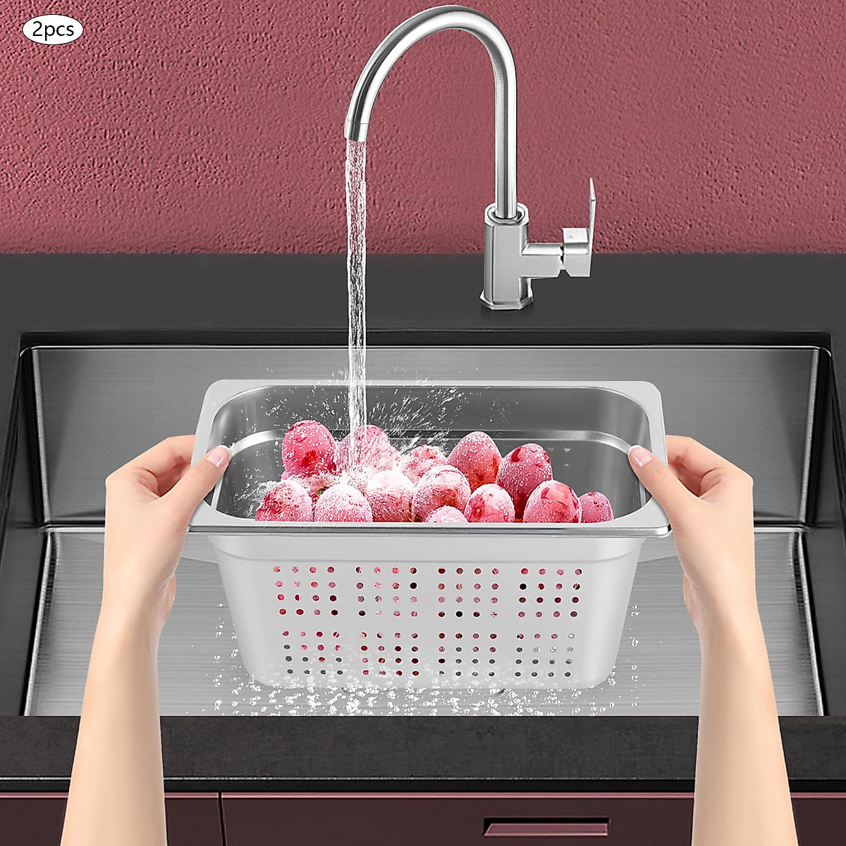 Steam Table Pan/Hotel Pan, 2-Pack 1/3 Size 6in Deep Food Pan for Commercial/Personal, 6L/6.34Qt Anti-Jam Perforated Stainless Steel Steam Pan for Restaurant Hotel Buffet Canteen to Drain/Wash/Steam