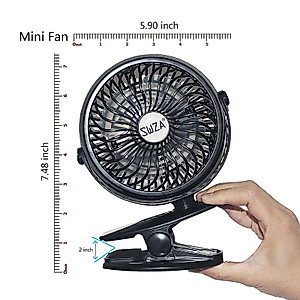 Stroller Fan Clip on Fan Rechargeable Battery Operated Fan - Powerful Airflow Low Noise - SWZA Portable Clip Fan for Baby Stroller Travel Hiking Camping