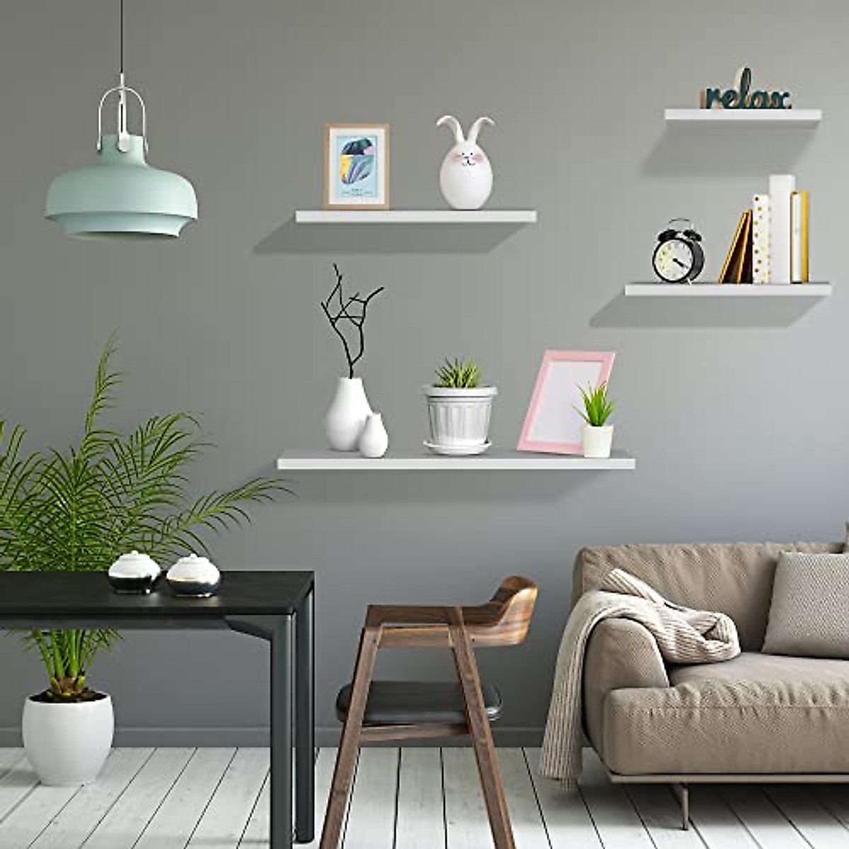 White Floating Shelves Wall Mounted Set of 4, Perfecct Home Decor for Living Room Kitchen Bedroom Bathroom Office Shelf with Towel Bar Décor Shelves Trophy Display Photo Frames and More…