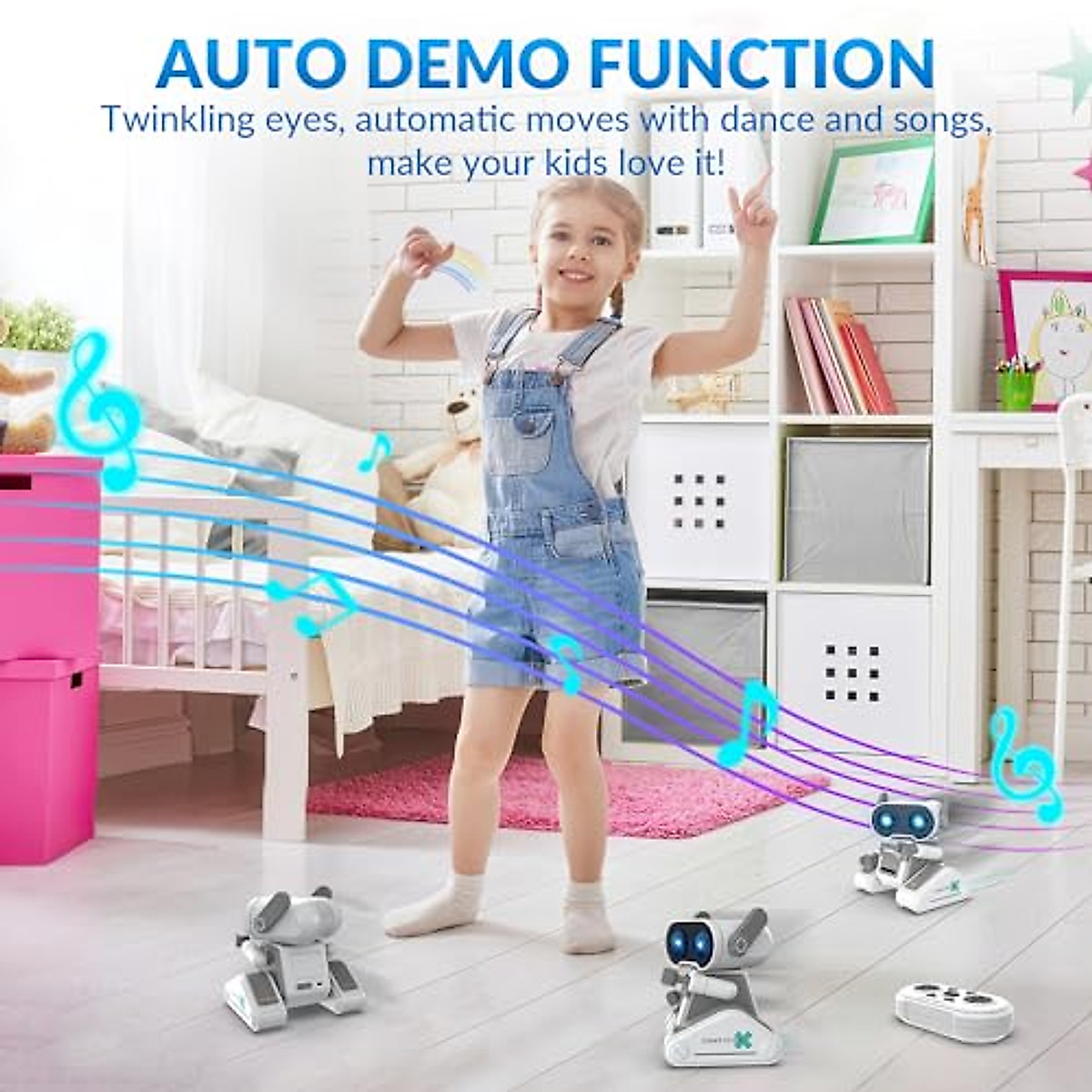 STEMTRON RC Robot Toys for Kids, Rechargeable Remote Control Robot Toy for Boys & Girls, with Auto Demo, Dance Moves, Music, Shining 7 Colors LED Eyes & Flexible Head, Ears & Arms