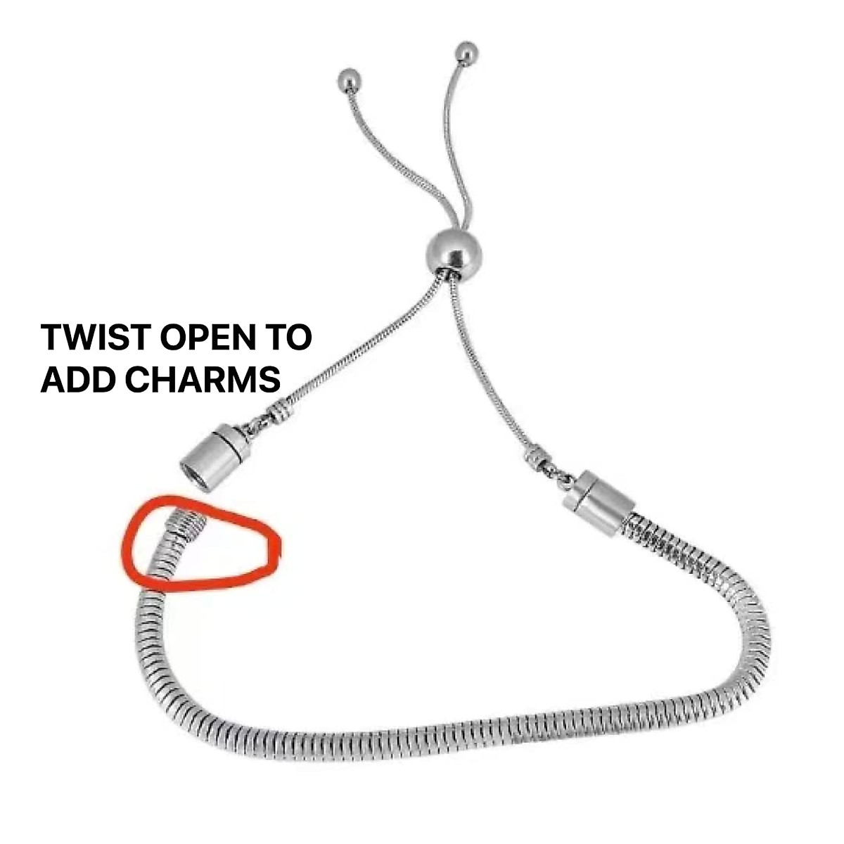 Adjustable European Charm Bracelets 3mm Steel Snake Chain Fits Pandora Beads Pendants & More (Silver Sliding Bracelet)