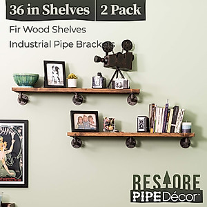 Industrial Pipe Wooden Shelves Restore by Pipe DÉCOR Premium Douglas Fir Wood Shelving 36 Inch Length Set of 2 Boards and 6 L Brackets Autumn Brown Finish
