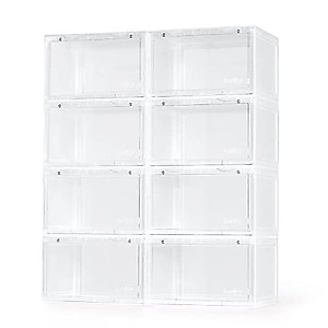 SupBro Collection Crate - Easy Access Storage Shoes Box -Plastic Foldable Stackable Sneaker Display Storage with Clear Side Open Door Organizer-8 Pack(Transparent)