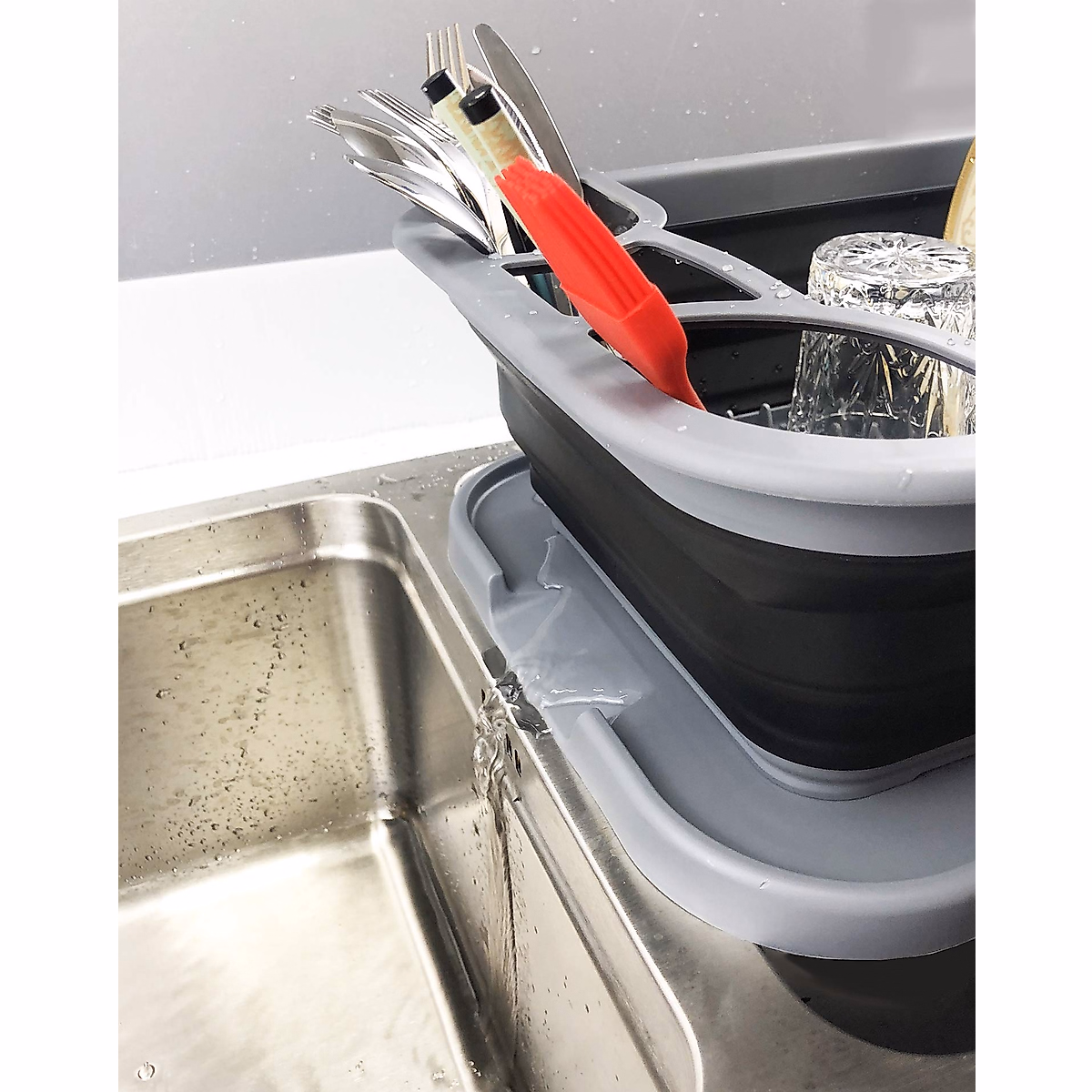 SAMMART Collapsible Dish Drainer with Tray - Foldable Drying Rack Set - Portable Dinnerware Organizer - Space Saving Kitchen Storage Tray (1, Grey/Black)