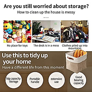 Jossens 11 Inch Fabric Baskets with Leather Handles,Foldable Cubes Storage Bins Set of 4 for Cube Organizer Home Toy Nursery Closet Bedroom(Khaki)