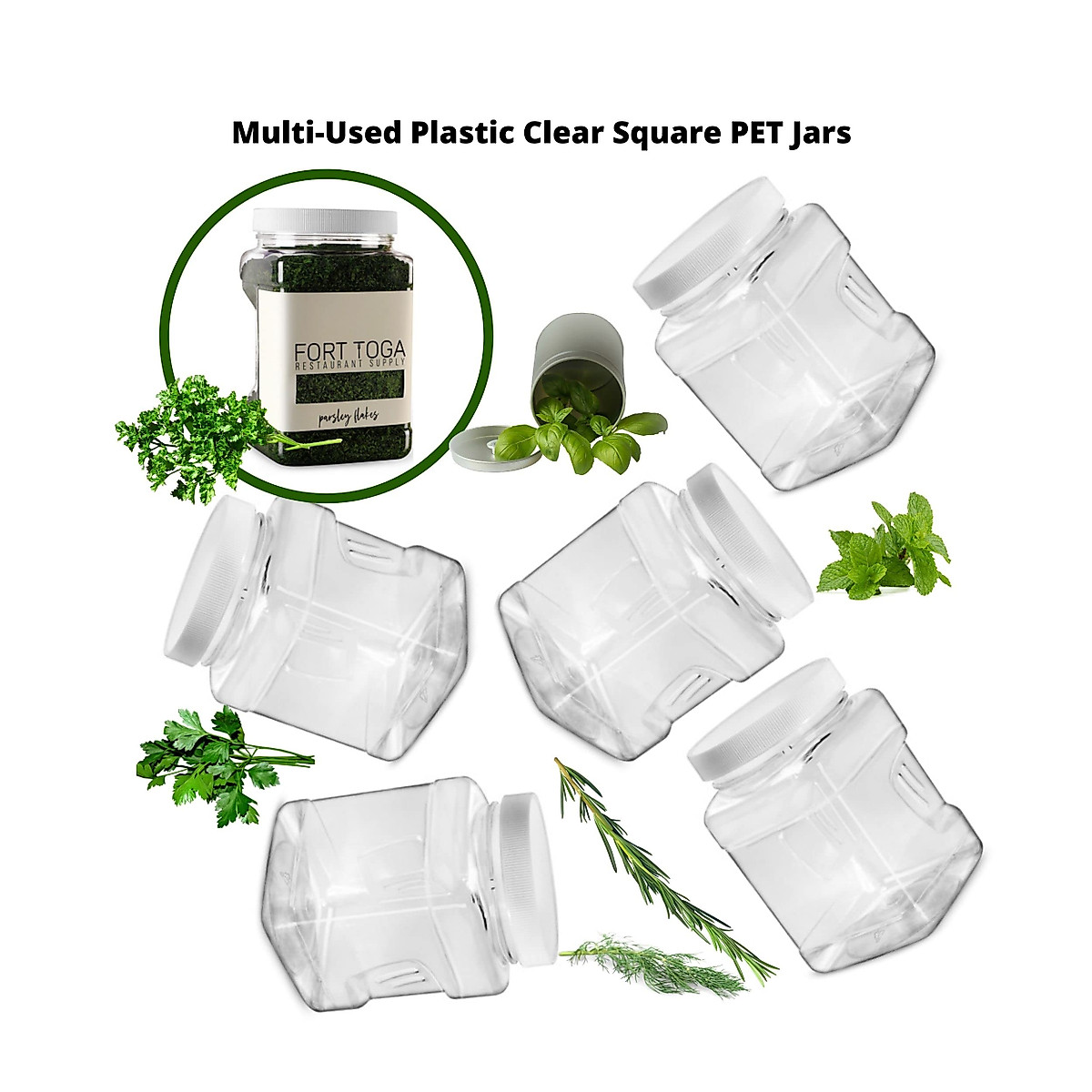 kelkaa 16oz Clear PET Plastic Square Wide Mouth Jars with Grip Handle and White Ribbed Lined Caps, BPA Free, Multi-Use Empty Containers, 63mm/400, Made in the USA (Pack of 6)