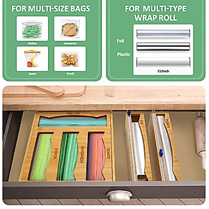 6 in 1 Plastic Bag Organizer with mag Foil and Saran Wrap Dispenser With Cutter For Kitchen Drawer- Bamboo Food Storage Organizer Perfect For Plastic Ziploc，Gallon，Quart Variety Size Bags & 12” Rolls