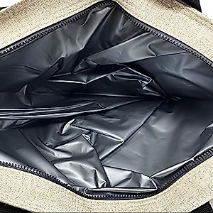 Rae Dunn Tote with Linen Exterior, and insulated lining to help keep food fresh from heat & Cold. (Eat/Black Embroidery)