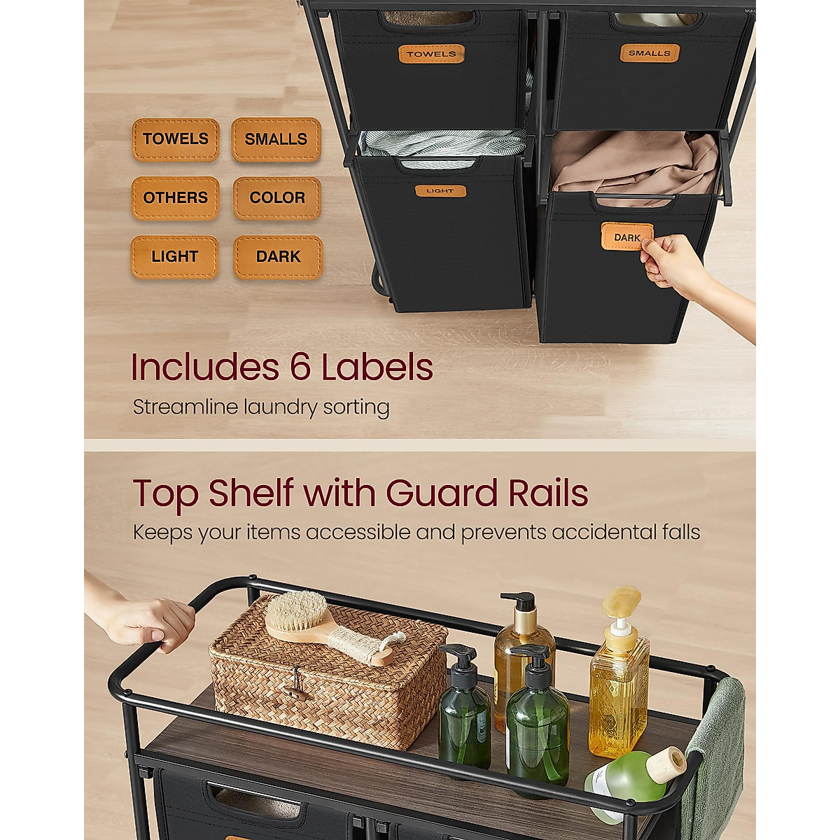 VASAGLE Laundry Sorter, Laundry Basket with Wheels, 39.6 Gal. (150 L) Rolling Laundry Hamper, Portable Laundry Cart with Shelf, 4 Removable Liners and 6 Labels, Ink Black and Chestnut Brown URLS100B01