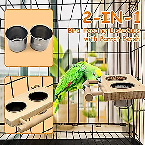 Tfwadmx Bird Food Stainless Steel Cups Wooden Perch Stand Hanging Feeder Bowls Feeding and Watering Supplies for Parakeets Conures Cockatiels Budgie Parrot