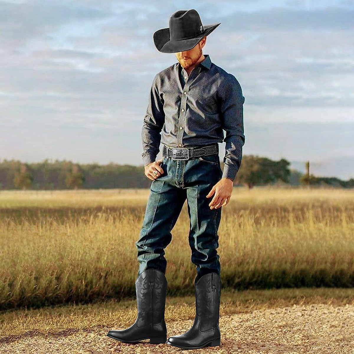 femflame Cowboy Boots for Men Square Toe Distressed Work boots Embroidered Western Boots Traditional Country Boot