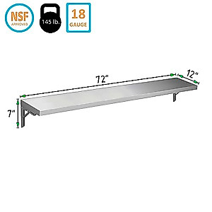 Express KitchQuip 12" x 72" Stainless Steel Folding Wall Shelf - Food Truck, Kitchen, Restaurant, Laundy, Garage and Utility Room