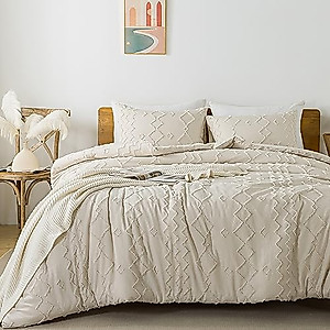 Andency Beige Tufted Comforter Set King(104x90Inch), 3 Pieces(1 Boho Comforter, 2 Pillowcases) Textured Farmhouse Comforter, Soft Microfiber Down Alternative Geometric Comforter Bedding Set